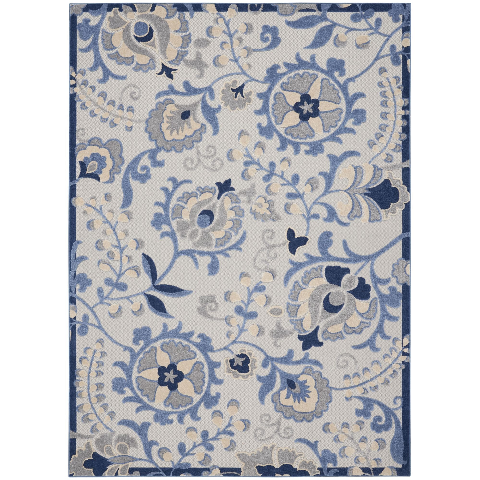 Blue Grey Farmhouse Indoor-Outdoor Swirling Vines Rug