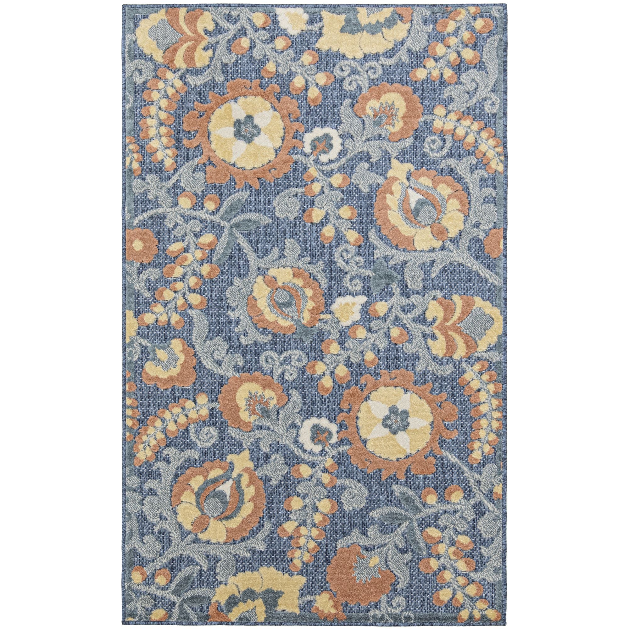 Blue Rose Farmhouse Indoor-Outdoor Swirling Vines Rug